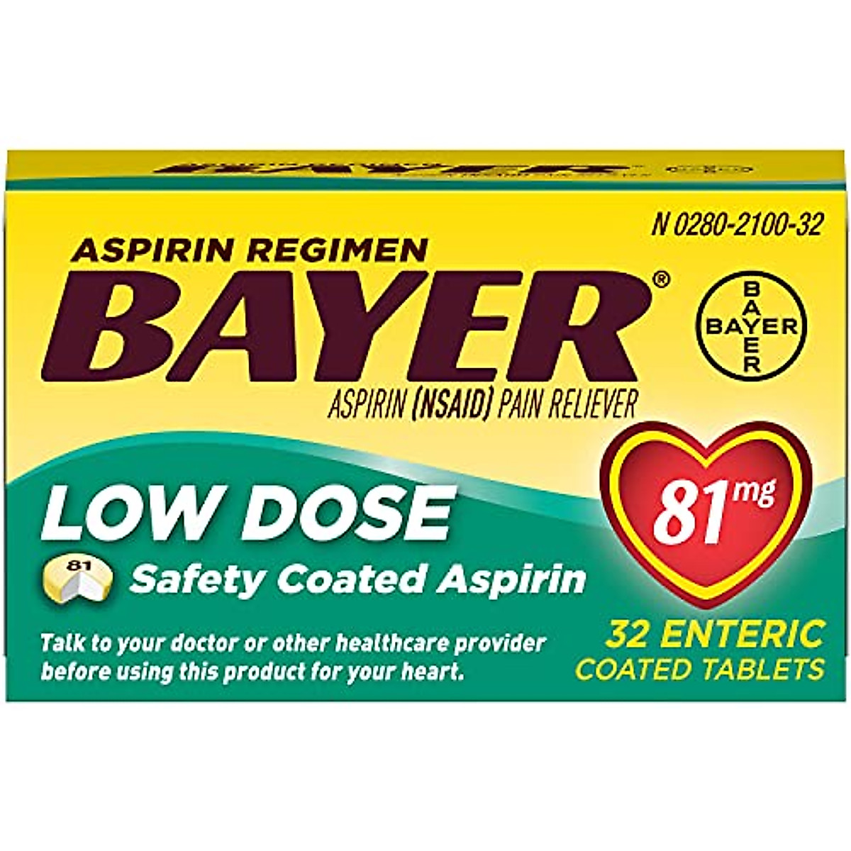 Aspirin Regimen Bayer 81mg Enteric Coated Tablets, #1 Doctor Recommended Aspirin Brand, Pain Reliever, 32 Count (Pack of 5)