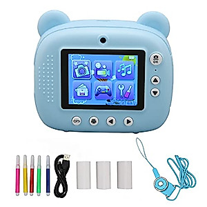 Children HD Camera, Cute 3 Games Kids Camera 1050mah Battery Auto Focus 24MP Dual Cameras for Travel(Blue)