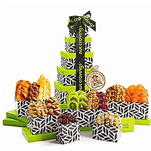 Dried Fruit & Mixed Nuts Gift Basket Leaf Tower + Ribbon (12 Assortments) Purim Mishloach Manot Gourmet Food Bouquet Arrangement Platter, Birthday Care Package, Healthy Kosher Snack Box, Her Him