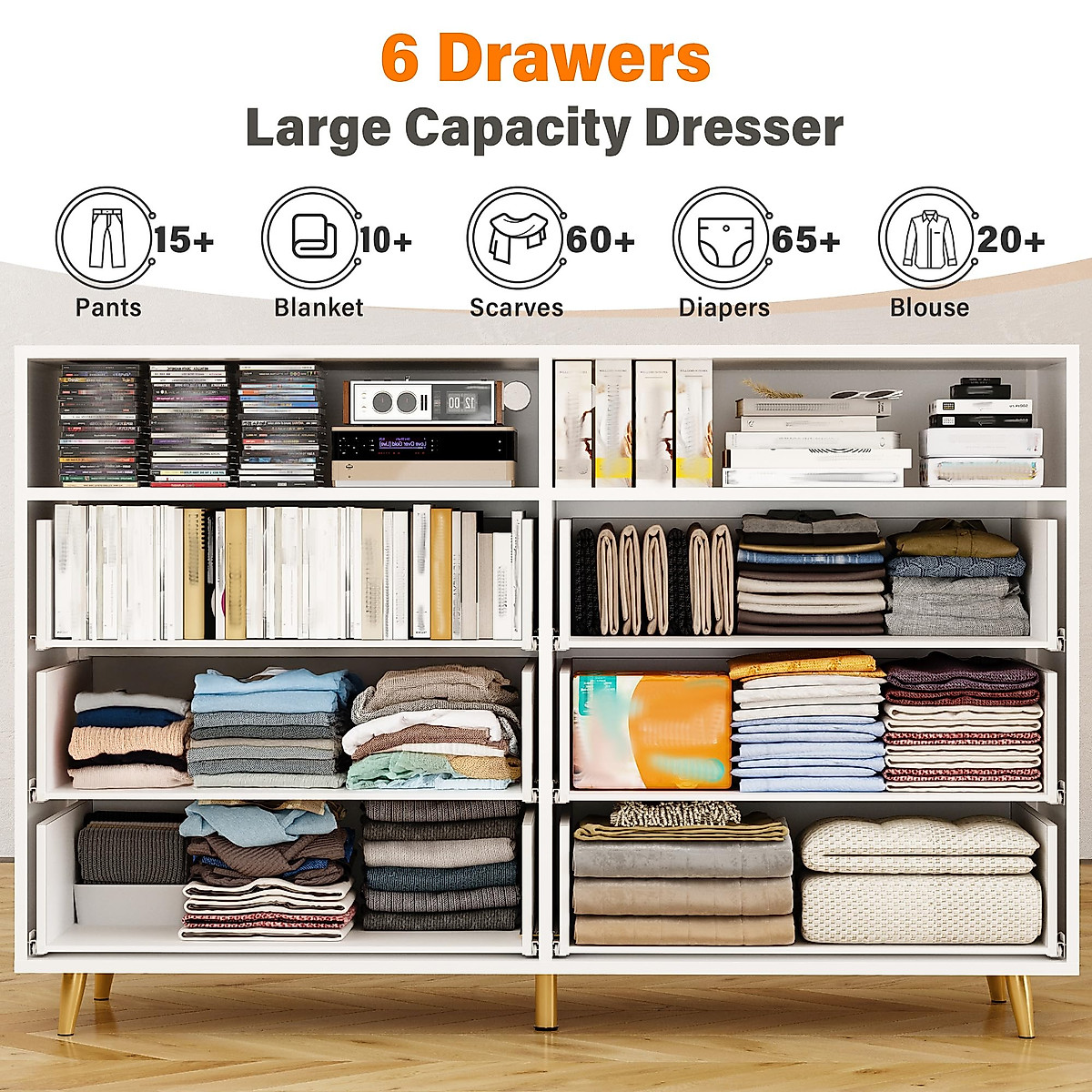 EnHomee Dresser for Bedroom, White Dresser with LED, Chests of Drawers, 6 Drawers & 2 Shelves for Bedroom, Wood Chests of Drawers, Large Space Saver Furniture