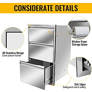 KODOM Outdoor Kitchen Stainless Steel Triple Access Drawers with Paper Towel Holder Combo for Outdoor Kitchen Island or Grill Station (Overall Size:17" W x 30" H x 21" D inch)