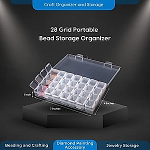Modern Merch Diamond Art Accessories and Tools Bead Storage Organizer, Portable 28 Grid Box with Individual Lids, Transparent Bead Travel Case Diamond Painting Accessories for Diamond Art Storage