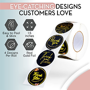 Peachy + Peony - 1.5 Inch Thank You Stickers Small Business - 500 Waterproof Gold Foil Thank You Labels for Packaging, Mailers, Etsy, Bakery – Thank You for Supporting My Small Business Stickers Roll