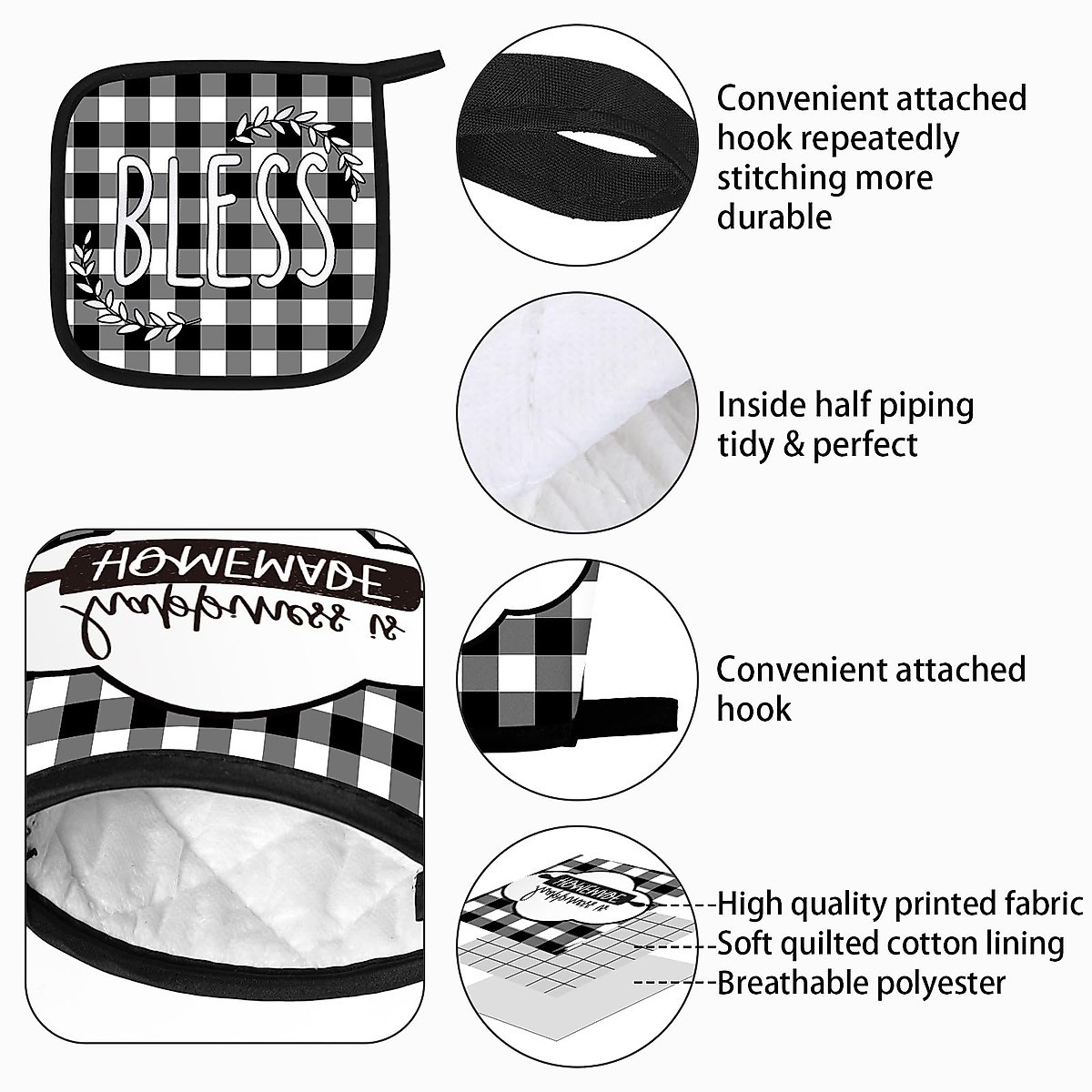 5 Pieces Buffalo Plaid Kitchen Towels Oven Mitts and Pot Holder Set Black and White Kitchen Towels Oven Gloves, Hot Pads Pot Holders for Farm House Accessories Decor(Heart)