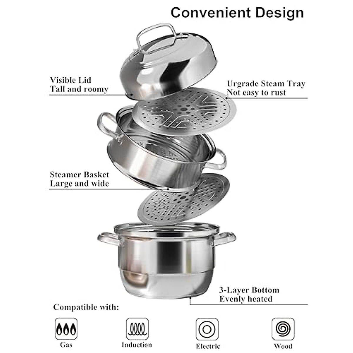 VENTION Large Steamer for Cooking, 3 Tier Steamer Pot, 13 2/5 Inch Stainless Steel Steamer, Steam Pots for Cooking