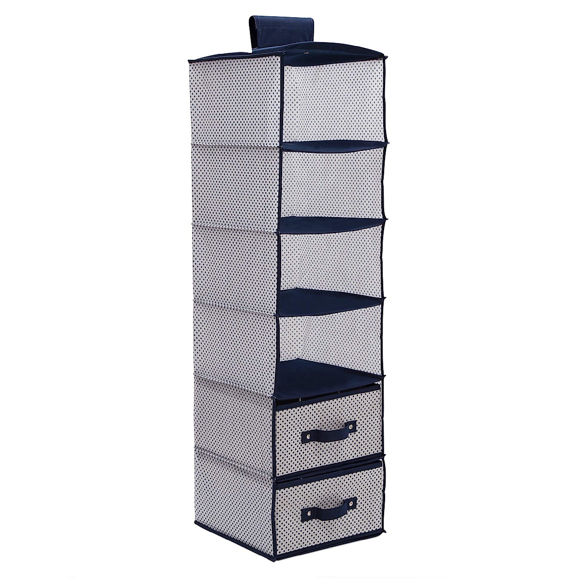 Delta Children 6 Shelf Hanging Wall Storage with 2 Drawers - Easy Storage/Organization Solution- Holds Sweaters, Shirts, Pants, Accessories & More - Movable Drawers Allow for Customization, Navy