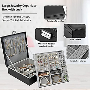 SIMBOOM Jewelry Box Organizer for Women Girls, 2 Layer Large Jewelry Display Storage Case for Rings Earrings Necklaces Bracelets Watches, PU Leather Mens Jewelry Organizer Boxes with Lock, Black