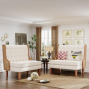Andeworld Loveseat Settee Bench with Natural Rattan Arms,Upholstered Modern High-Back Mini Sofa Couch,Banquette Dining Bench Love Seat for Living Dining Room Bedroom Office Small Space Entryway,Ivory
