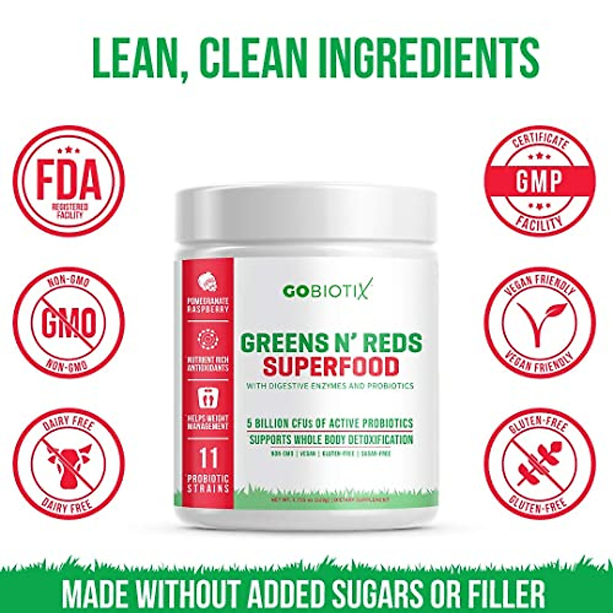 GOBIOTIX Super Greens Powder N' Super Reds Powder - Non-GMO Vegan Red and Green Superfood + Probiotics, Enzymes, Organic Whole Foods - Fruit and Veggie Supplement (Pomegranate Raspberry, 1 Pack)