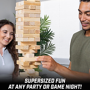 GoSports Large Wooden Toppling Tower - Stacks Up to 3 ft - Natural Wood