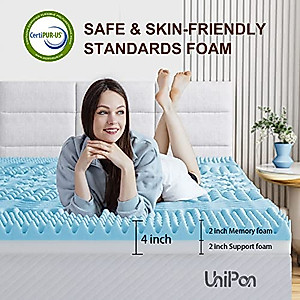UniPon 4 Inch Mattress Topper Queen, Egg Crate Memory Foam Mattress Topper Queen,7 Zones Gel Infused Bed Topper, CertiPUR-US Certified