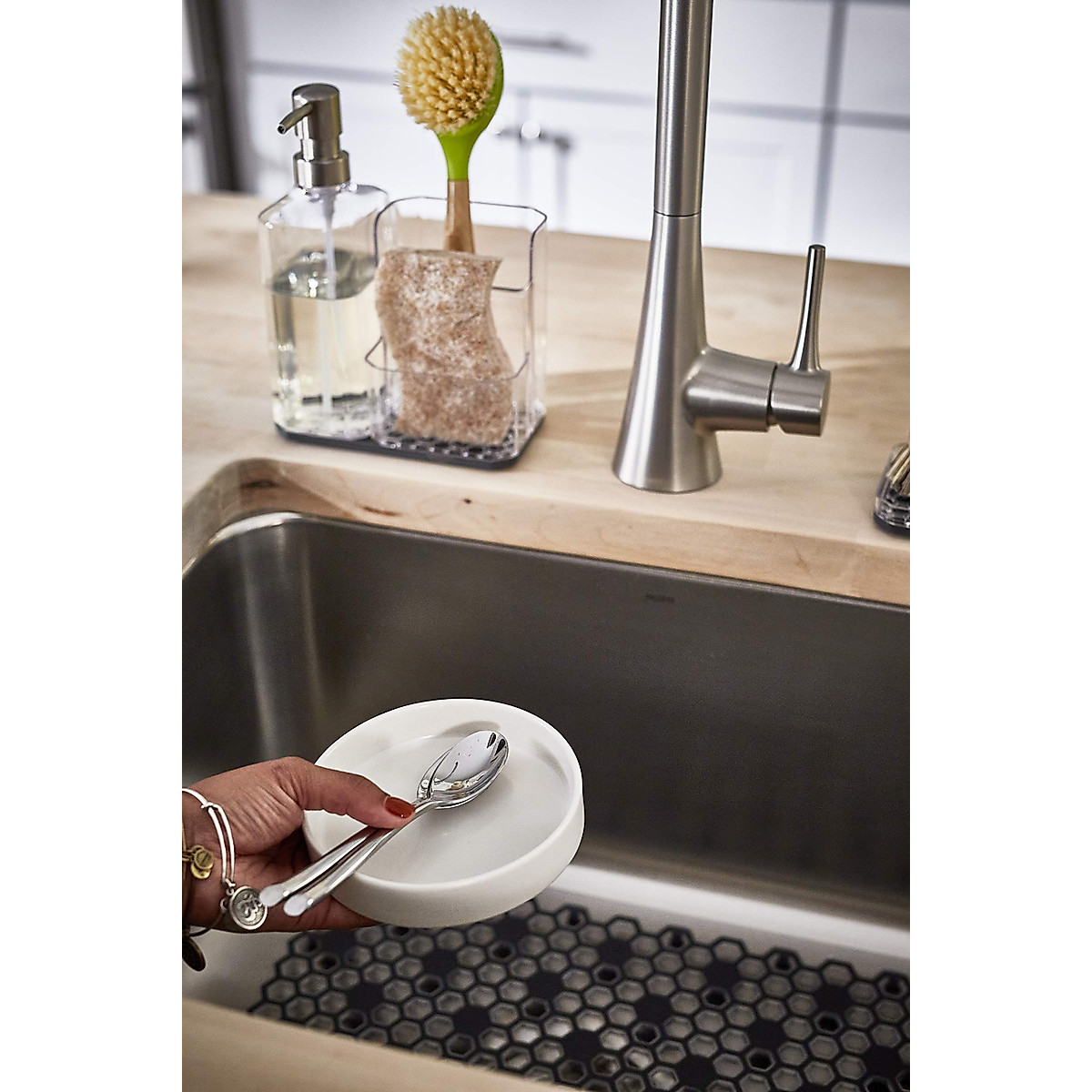 Spectrum Diversified Hexa Sponge & Brush Kitchen Organizer with Refillable Soap Pump, Sponge & Dish, Easy-Clean Sink Organization & Dish Brush Holder with Removable Base, Clear & Gray