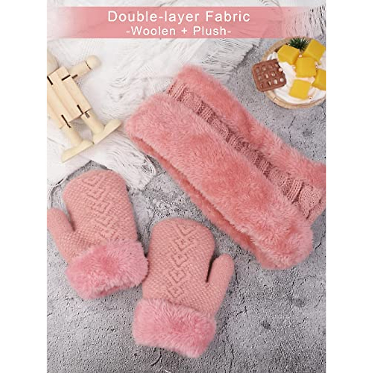 Cooraby 3 Pieces Toddler Winter Knitted Hat Scarf Gloves Set Knit Fleece Lined Thermal Set for Boys Girls, Coral