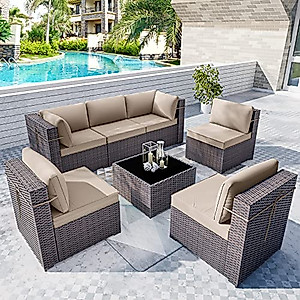 Piltwoff 7 Pieces Wicker Patio Conversation Sets,Modern Outdoor Sectional Furniture Patio Sets All-Weather for Backyard, Balcony(Brown)