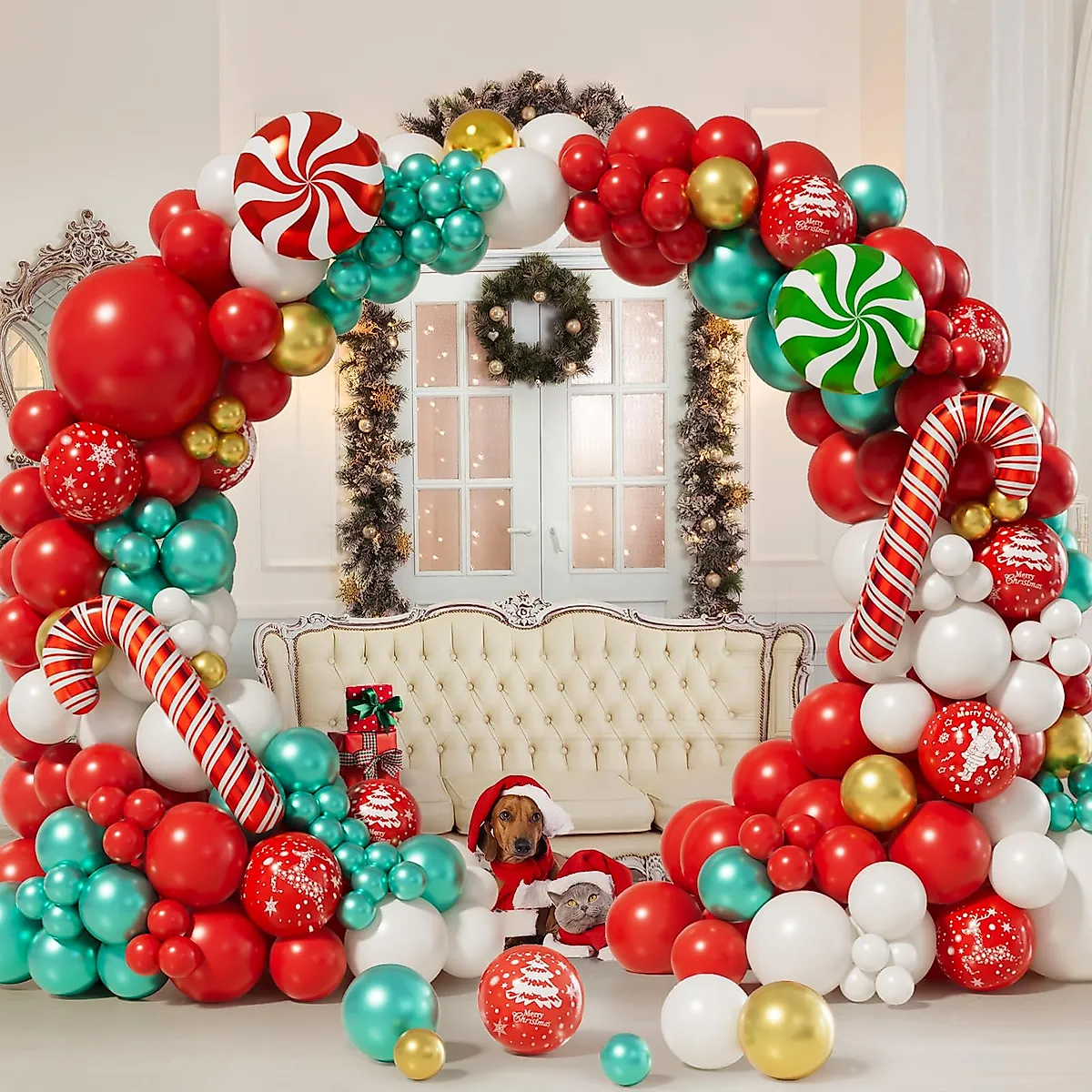 AobkDeco 153PCS Christmas Balloon Garland Arch Kit Red White Gold balloons Candy Foil Balloons Candy Cane Balloons Printing Snowflake Balloons for Christmas Party Decorations
