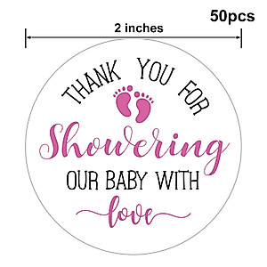 K-Musculo Pink Little Feet Baby Shower Stickers, Thank You for Showering Our Baby with Love Stickers, Baby Shower Favors for Girls, Baby Shower Favor Labels, 2 Inch, Pack of 50.