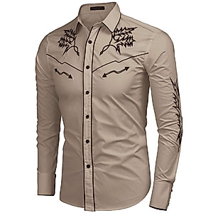 COOFANDY Mens Western Cowboy Shirt Embroidered Denim Long Sleeve Casual Button Down Shirt (Large, Khaki)