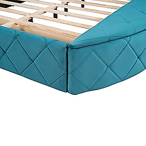 UBGO Queen Upholstered Platform Size Wingback Headboard and 1 Big Drawer,2 Side Stool,Velvet Storage Bed Frame,No Box Spring Needed/Easy Assembly, Blue e