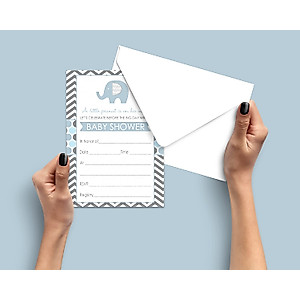 Paper Clever Party Blue Elephant Baby Shower Invitation Bundle with Blank Invites with Envelopes for Boys Diaper Raffle Tickets Bring a Book Insert Cards Set (25 of Each) Jungle Theme Royal Prince