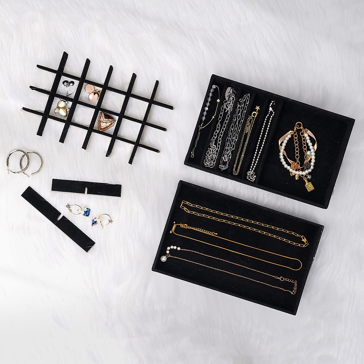 ProCase Stackable Jewelry Organizer Trays for Drawers, Jewelry Drawer Inserts Container Display Case Storage for Earring Necklace Rings Bracelet with Removable Dividers -Allblack, 4 Layers