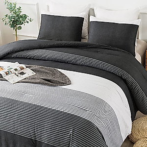 Andency Full Size Comforter Set,3 Pieces Black White Gray Patchwork Striped Comforter(79x90 Inch), Soft Microfiber Down Alternative Full Comforter Bedding Sets with Corner Loops