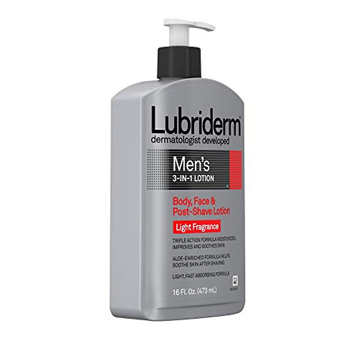 Lubriderm Men's 3-In-1 Lotion Enriched with Soothing Aloe for Body and Face, Non-Greasy Post Shave Moisturizer with Light Fragrance, 16 fl. oz