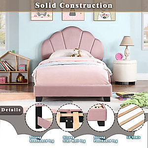 Gustonhon Upholstered Twin Size Platform Bed for Kids,Twin Bed Frame with Slatted Bed Base and Playful Headboard for Teens Girls,No Boxing Spring Needed (Pink)