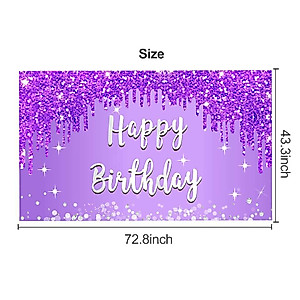 Purple Silver Happy Birthday Banner Party Decorations for Women Girls, Purple Happy Birthday Themed Backdrop Party Supplies, 10th 16th 21st 30th 40th 50th 60th Photo Props Sign Decor