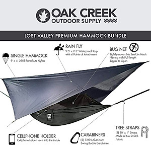 Oak Creek Camping Hammock and Accessories. Complete Package with Mosquito Bug Net, Rain Fly, Tree Straps. Great for Hiking, Backpacking, and Travel. Weighs Only 4 Pounds. Carbon Gray.