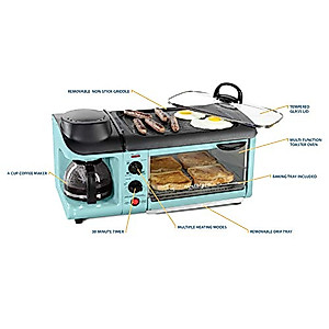 Nostalgia Retro 3-in-1 Family Size Electric Breakfast Station, Non Stick Die Cast Grill/Griddle, 4 Slice Toaster Oven, Coffee Maker, Aqua