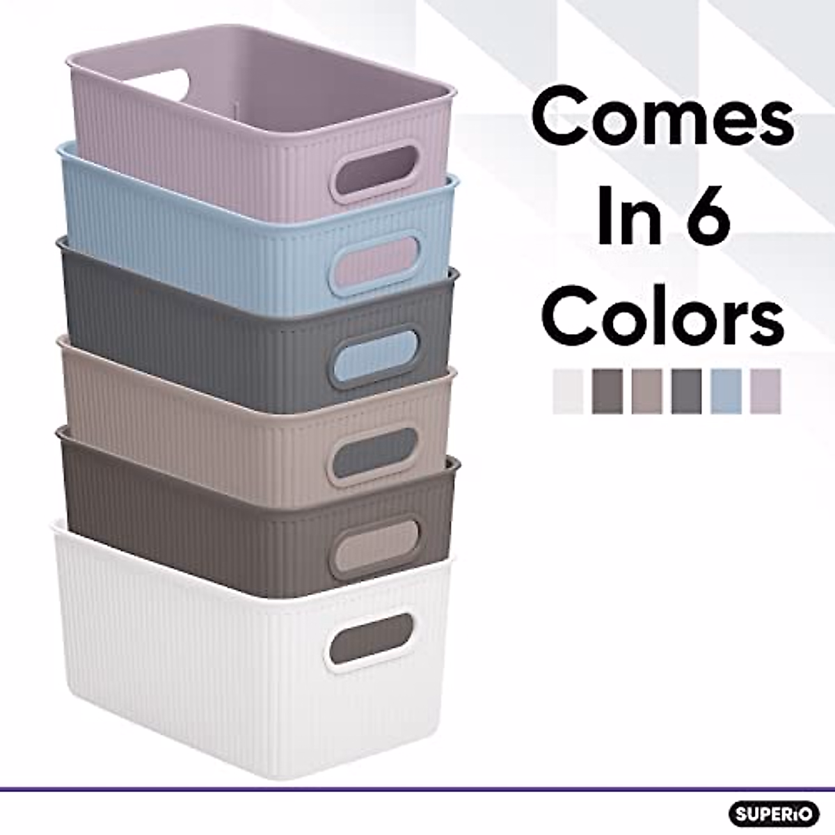 Superio Decorative Plastic Open Home Storage Bins Organizer Baskets, Medium Grey (1 Pack) Container Boxes for Organizing Closet Shelves Drawer Shelf - Ribbed Collection 5 Liter