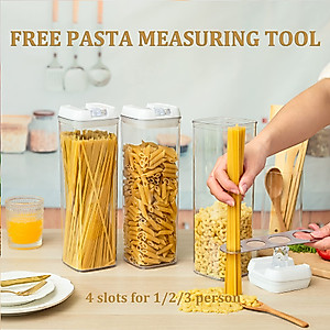Hanobe Pasta Storage Containers for Pantry: Large Spaghetti Noodle Canister 4 Pcs White Kitchen Cabinet Organization with Easy Lock Lids Plastic BPA Free with Labels Marker