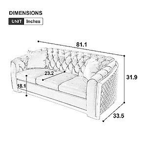 WILLIAMSPACE 81.1" Tufted Velvet Sofa Couch for Living Room, 3 Seater Button Sofa with Stainless Steel Gold Plating Decoration, Comfy Soft Upholstered Couch with 2 Pillows - Black