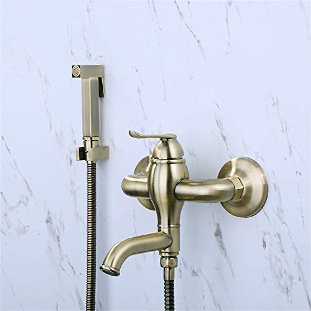 MINJING Hot and Cold Toilet Bidet Sprayer, Hand Held Shower, Antique Bronze Solid Brass Mixer Valve Faucet,B Set