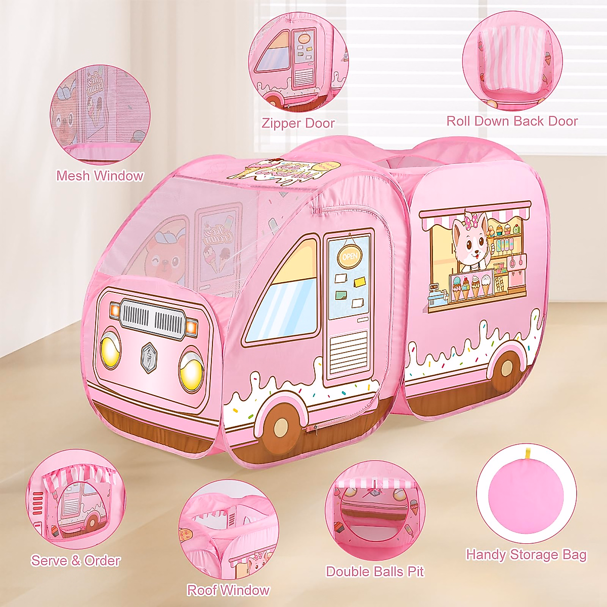 Ice Cream Truck Play Tent for Kids, 45 Pc. Pretend Play Toy Food Set, Pop Up Playhouse with Children’s Play Tent Ball Pit, Great Gifts for Toddlers, Baby, Boys & Girls（Ball Pit Balls Not Included）