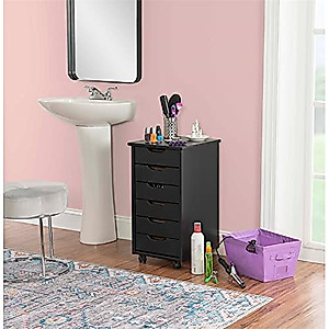 Pemberly Row Mid Century Six Drawer Wood Rolling Storage Cart in Black