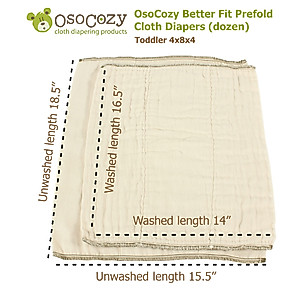 OsoCozy Better Fit Unbleached Prefold Cloth Diapers -100% Cotton, Gauze Weave, Sized for Tri Folding - Size 3 - (Toddler 4x8x4 Fits 25-45 lb.) - 1 Dozen