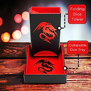 Luck Lab Folding Dice Tower and Dice Tray for RPG Table Top Gaming - Black/Red - Dragon Design