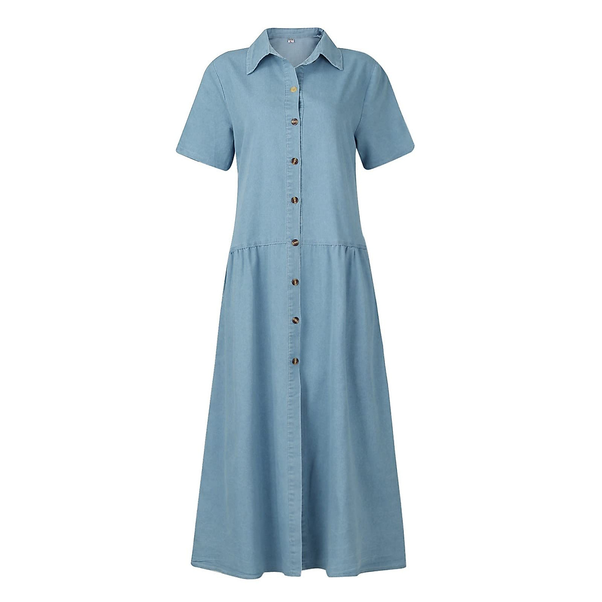 Summer Short Sleeve Sundress Lady Elegant Birthday Midi Baggy Denim Solid Button Lightweight V Neck Dress Women's Blue