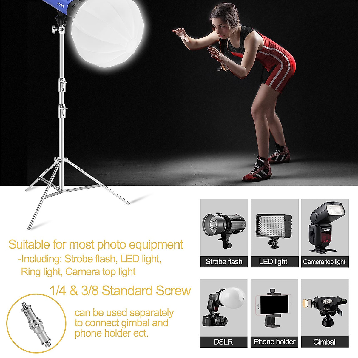 Meking Stainless Steel Light Stand 9.2 Ft Max Height Adjustable Heavy Duty Tripod Stand for Photo Studio Video Softbox, Monolight, Reflector, Umbrella, etc.