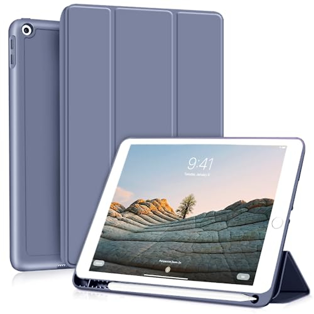 KenKe for iPad 9.7 Inch 6th / 5th Gen Case with Pencil Holder, Model A1822 / A1823 / A1893 / A1954, Trifold Stand & Soft TPU Back, Slim Protective Cover for iPad 6th Gen, Auto Sleep/Wake, Purple