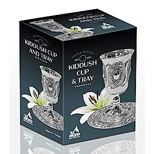 Ner Mitzvah Tall Kiddush Cup and Tray - Premium Quality Silver Plated Goblet With Stem - Shabbat and Havdalah Goblet - Judaica Shabbos and Holiday Gift