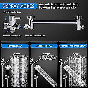 Shower Head Combo,10 Inch High Pressure Round Rain Shower Head with 11 Inch Adjustable Extension Arm and 5 Settings Handheld Shower Head,Powerful Shower Spray Against Low Pressure Water with Long Hose