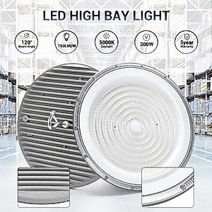 XYCN 4 Pack 300W UFO Led High Bay Light,100-277v,5000K Daylight Commercial Bay Lighting,IP66 Waterproof,45050LM,1300W MH/HPS With Plug Area Lighting For Warehouse/Shop/Workshop/Garage/Barn/Gym/Factory