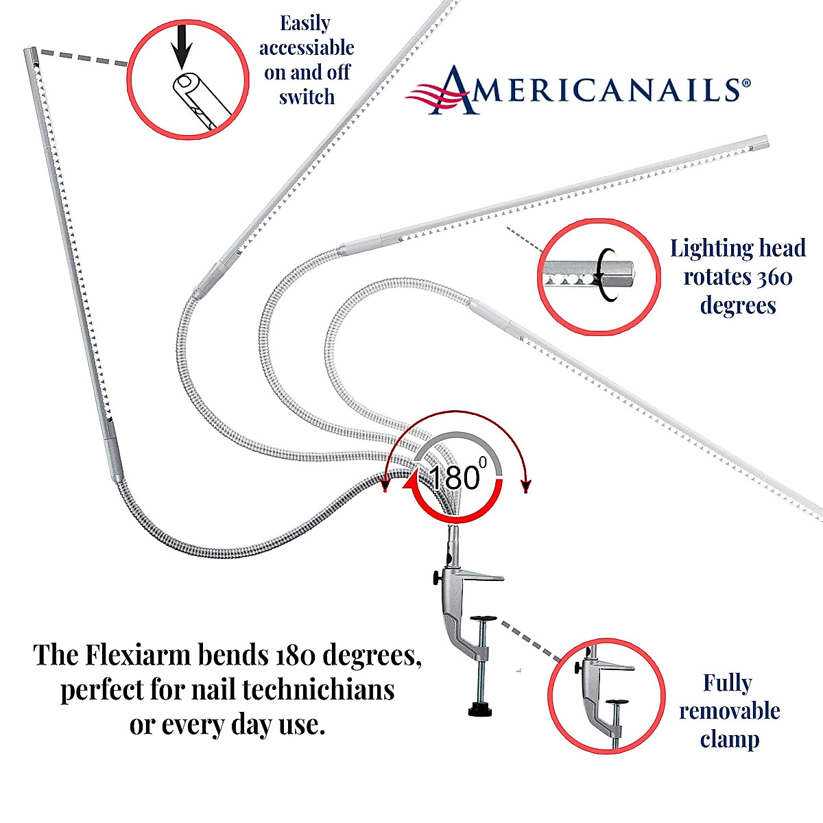 Americanails Original FlexiLamp - LED Table Desk Lamp - Removable Clamp - Adjustable Lighting for Nail Stations - Manicure Table Light - Flexible Arm - 48 LED Beads - 300 Lumens