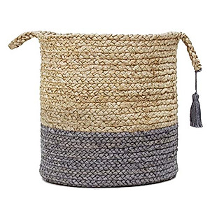 LR Home Two-Tone Natural Jute Woven Decorative Storage Handles Baskets, 17" x 17" x 17", Tan/Gray