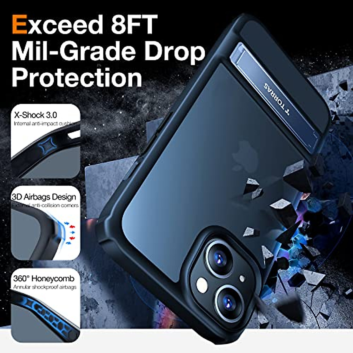 TORRAS MarsClimber Designed for iPhone 14 Plus Case, [3 Stand Ways Kickstand] [8 FT Military Shockproof Protection] Translucent Matte Slim Phone Case for iPhone 14 Plus Phone Case, Chimney Black