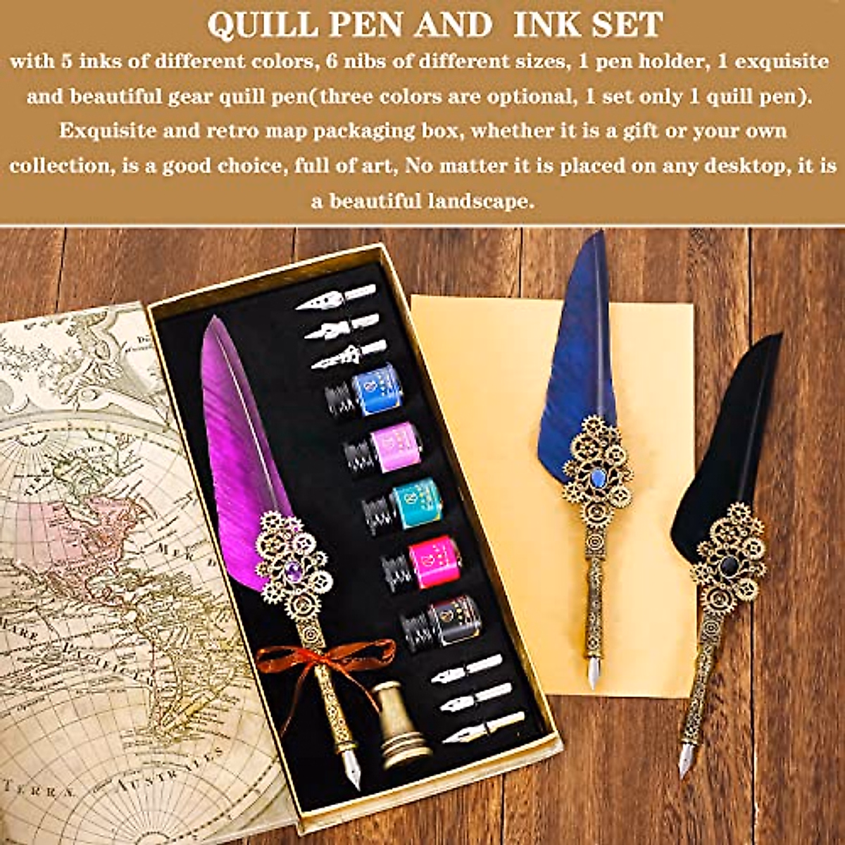 NC Quill Pen Ink Set,Feather Pen Set Includes 5 Bottles of Ink and 6 Replaceable Stainless Steel Nibs,1 Gear Quill Pen,Calligraphy Pen Set for Writing,Letter Writing,Signature Invitation,etc(Purple)