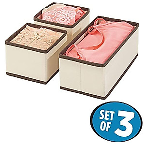 mDesign Fabric Dresser Drawer and Closet Storage Organizer Bin for Bedroom - Holds Lingerie, Bras, Socks, Leggings, Clothes, Purses, Scarves, Lido Collection, Set of 3 - Cream/Espresso Brown
