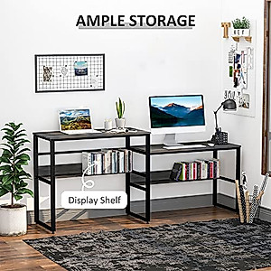HOMCOM 86.5 Inch Two Person Desk Double Computer Table Writing Desk with Open Shelves Long Storage Workstation for Home Office Black and Grey
